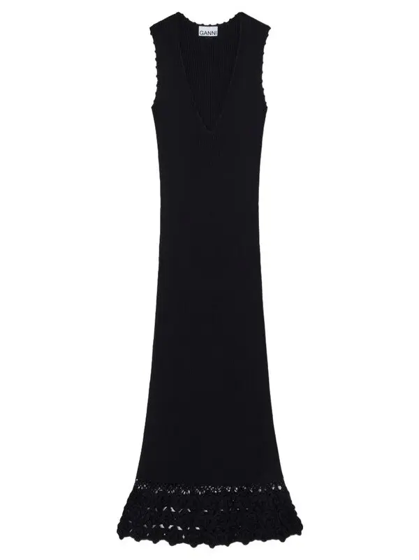 GANNI Crochet Cotton Long Dress - Black