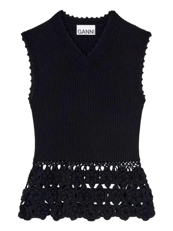 GANNI Crochet Cotton Vest - Black