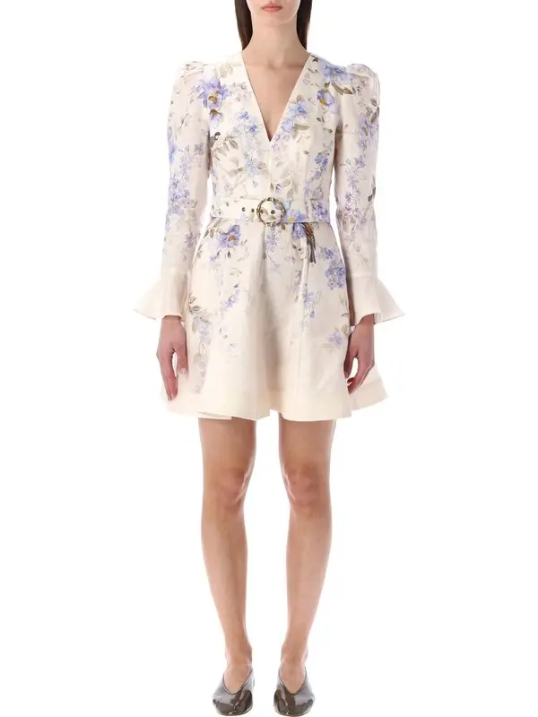 Zimmermann Plunge Mini Dress - Blue Song Bird Cream