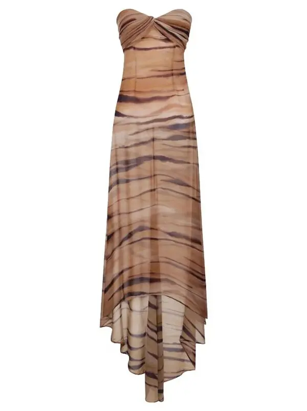 Elisabetta Franchi Chiffon Tiger Print Evening Dress - Camel