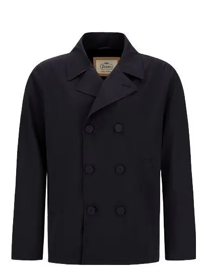 Herno Pea Coat In Cotton Gabardine - Blue