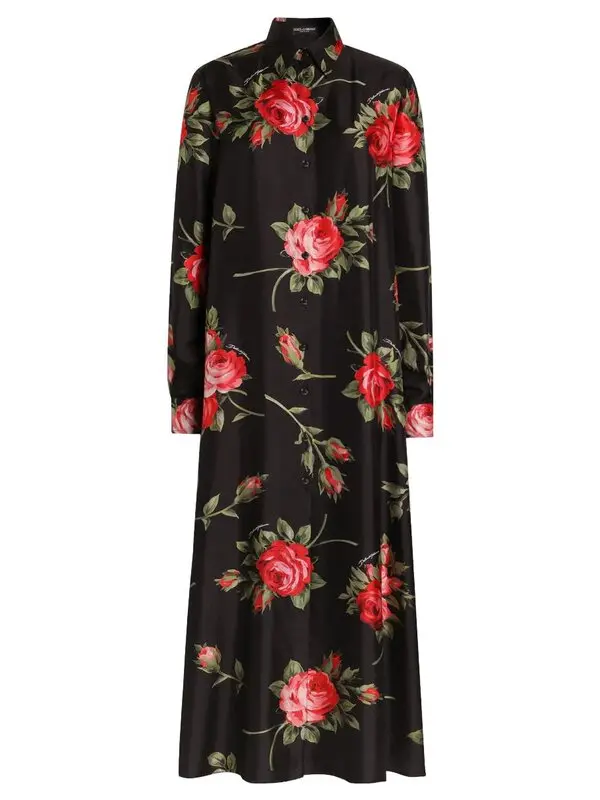 Dolce & Gabbana Rose Bouquet Print Twill Long Dress - Black