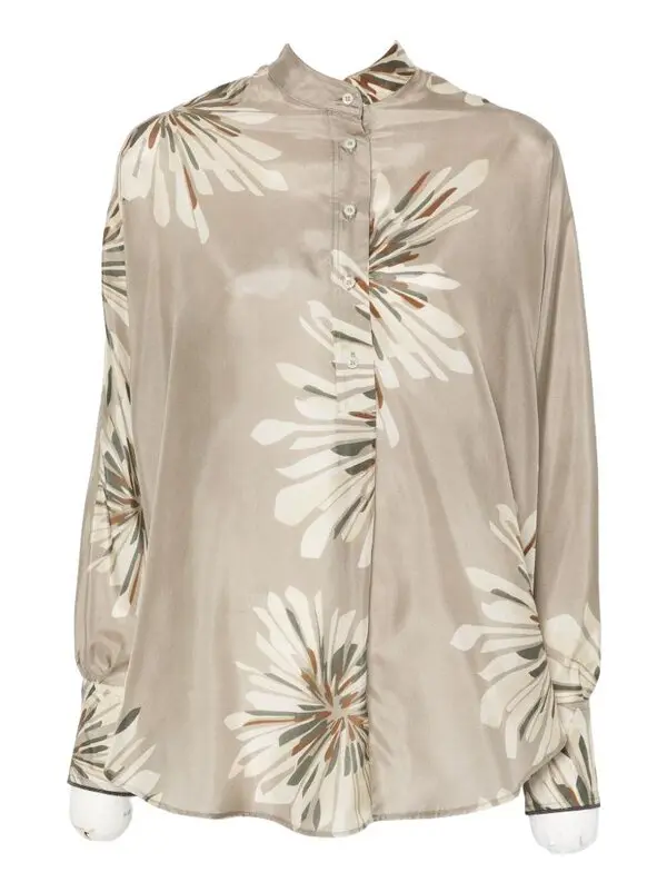 Brunello Cucinelli Printed Silk Shirt - Kaki