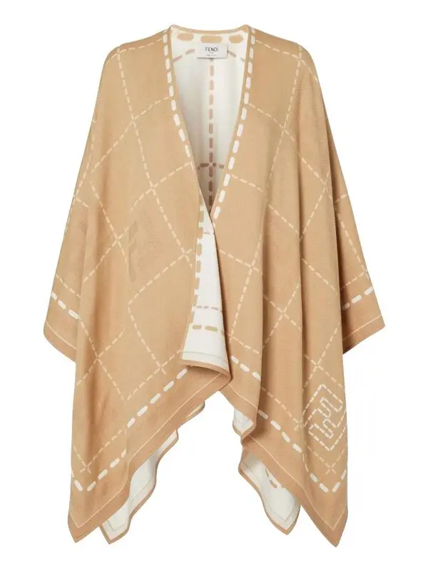 Fendi Wool Patterned Poncho - Camel