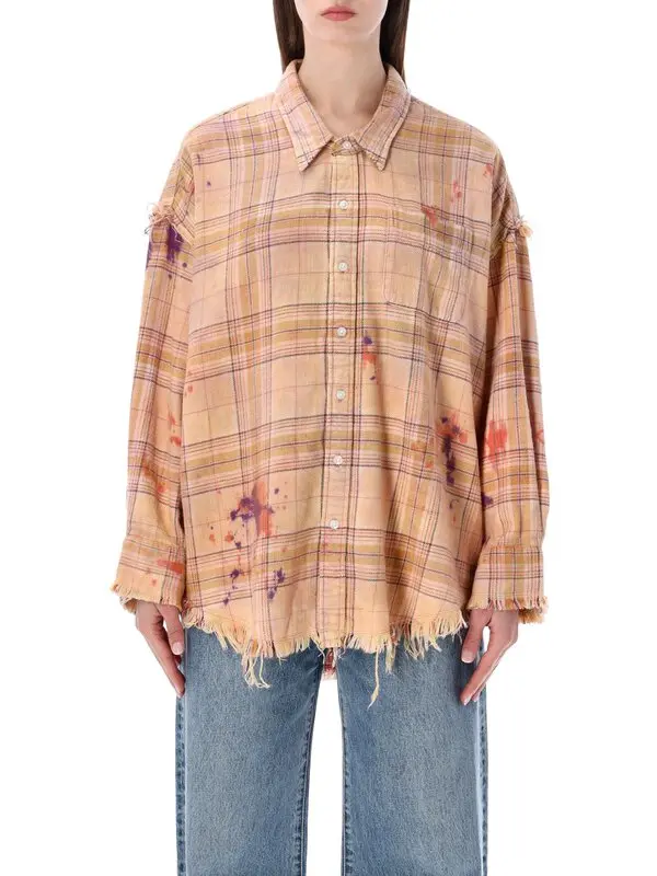 R13 Shredded Plaid Overshirt - Orange Purple