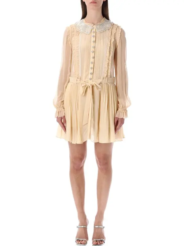 SELF-PORTRAIT Pleated Georgette Mini Dress - Tan Beige