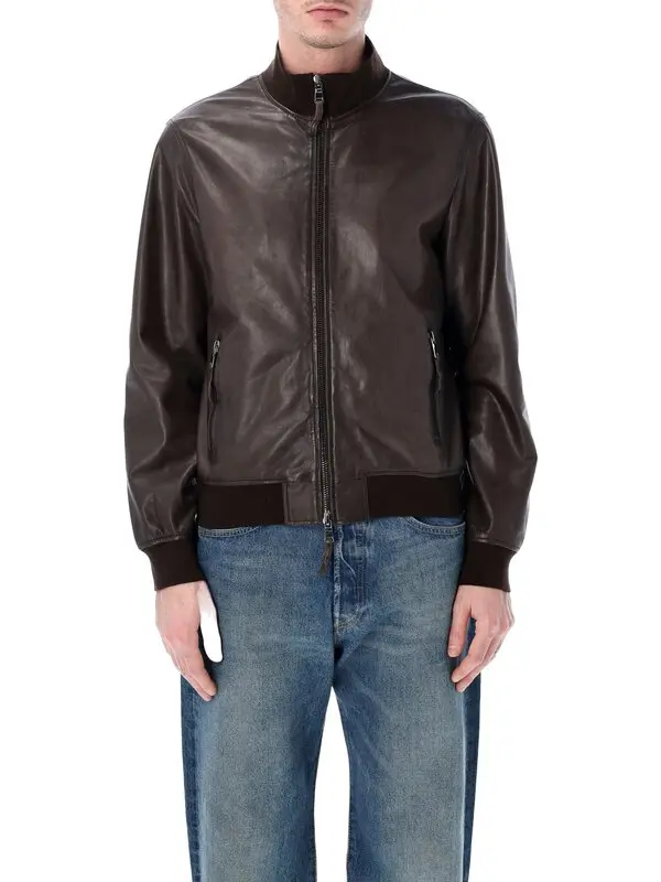 SWORD 6644 Leather Bomber Jacket - Brown