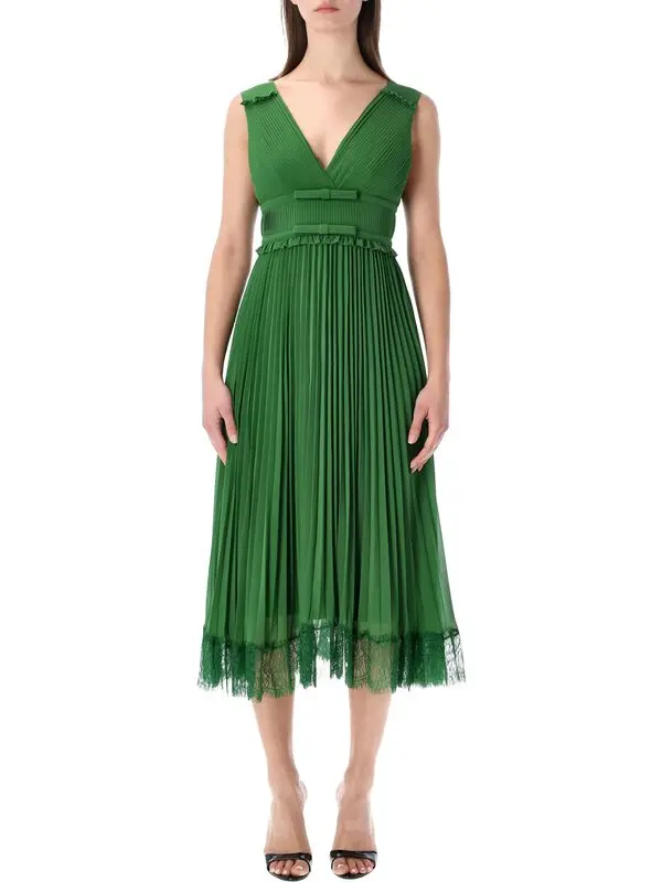 SELF-PORTRAIT Pleated Chiffon Midi Dress - Green