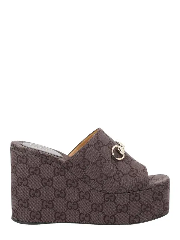 Gucci Fabric Wedge Sandal With Gg Pattern - Brown