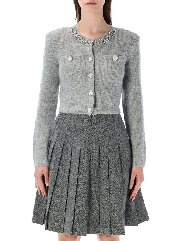 SELF-PORTRAIT Fluffy Knit Cardigan With Crystal Embellishments - Grey