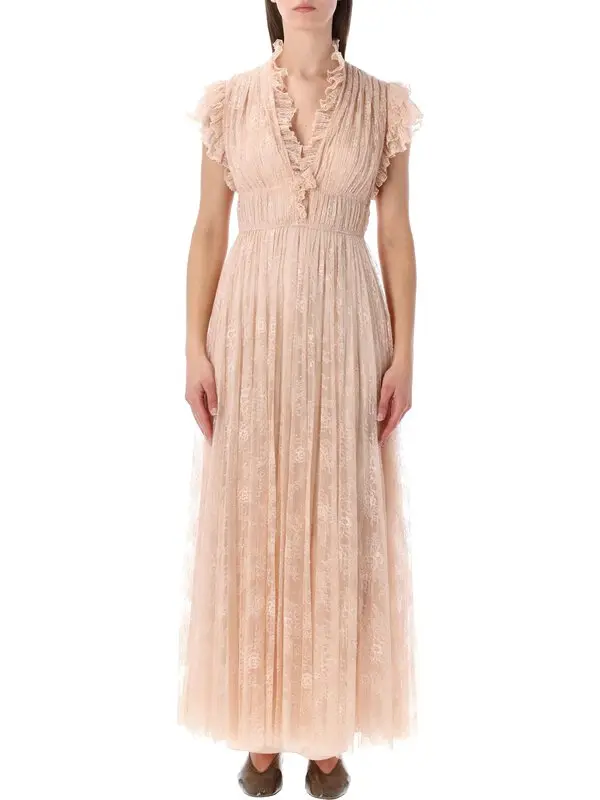 Alberta Ferretti Pleated Lace Evening Dress - Pink