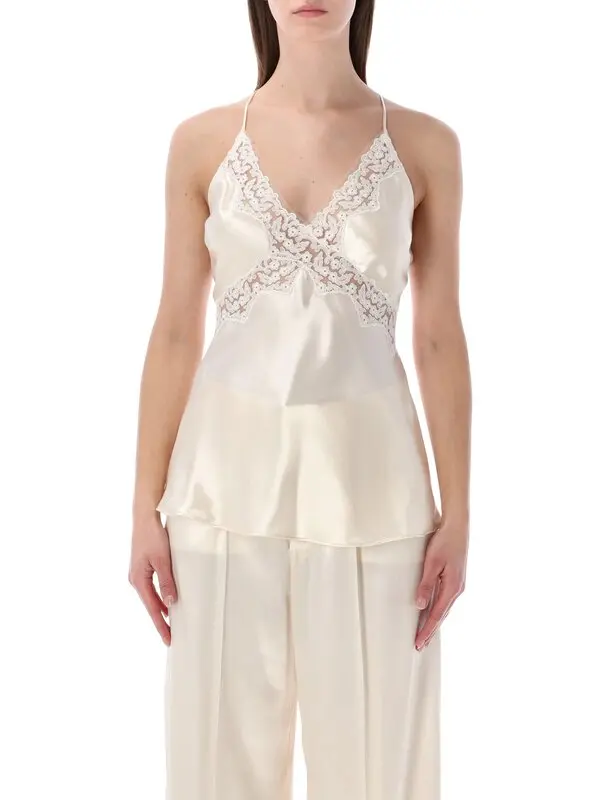 Alberta Ferretti Satin Top With Lace Inserts - White