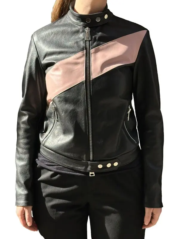 LA ROSE Leather Bomber Jacket - Black/baby Pink