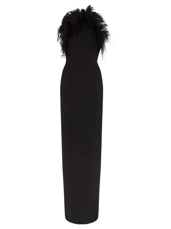 Attico Long Cady Dress With Ostrich Feathers - Black