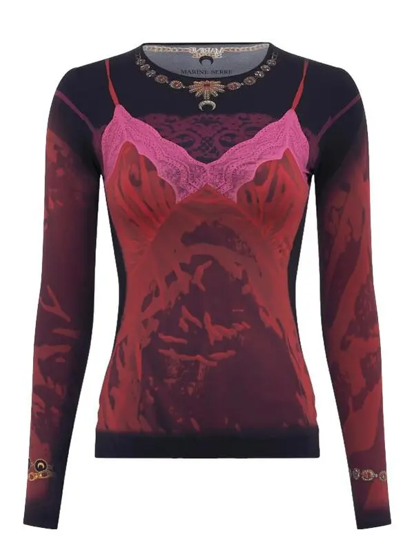 MARINE SERRE Printed Jersey Long Sleeve Crewneck Top - Ribbon Red