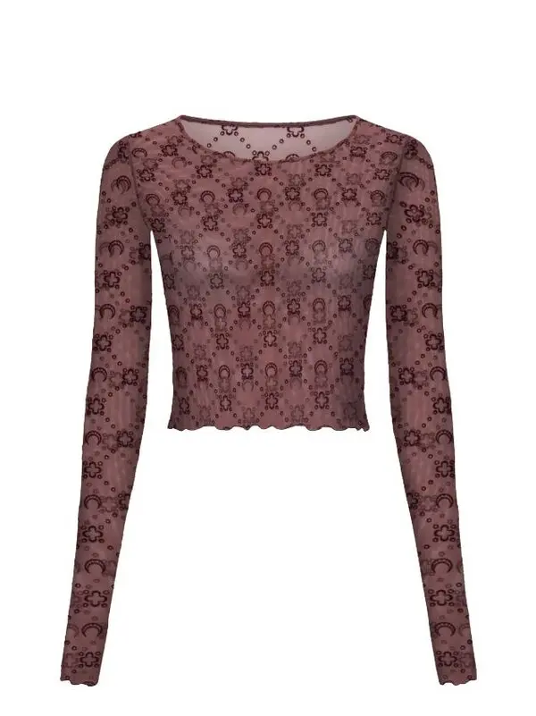 MARINE SERRE Moonogram Mesh Flock Long Sleeve Cropped Top - Aubergine