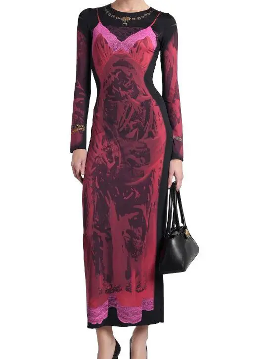 MARINE SERRE Printed Jersey Long Sleeve Dress - Ribbon Red