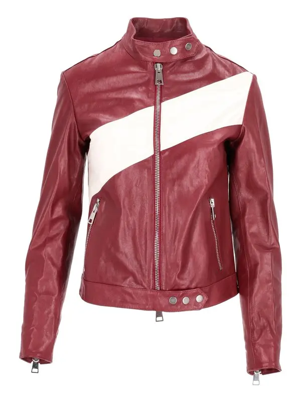LA ROSE Leather Bomber Jacket - Bordeaux/white