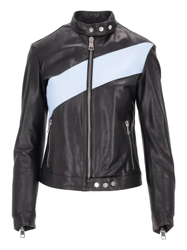 LA ROSE Leather Bomber Jacket - Black/baby Blue