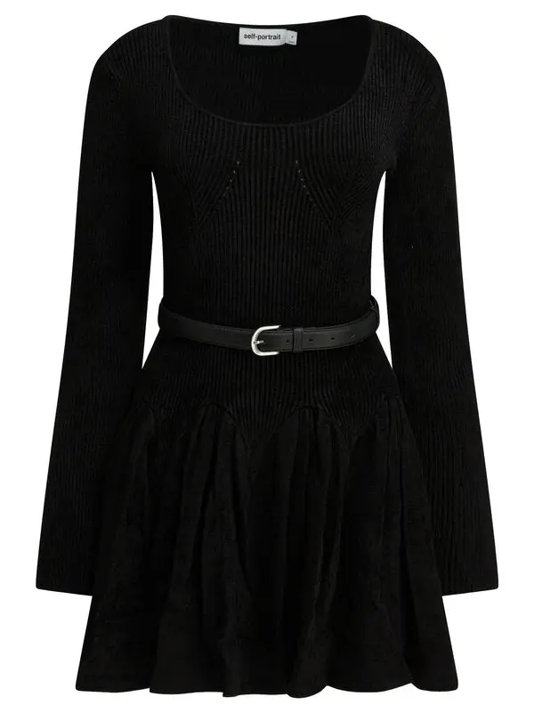 SELF-PORTRAIT Knit Flared Dress - Black