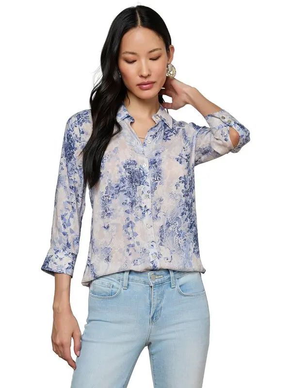 L'Agence Camille Blouse Top - Ivory/blue Watercolor Lace Paisley