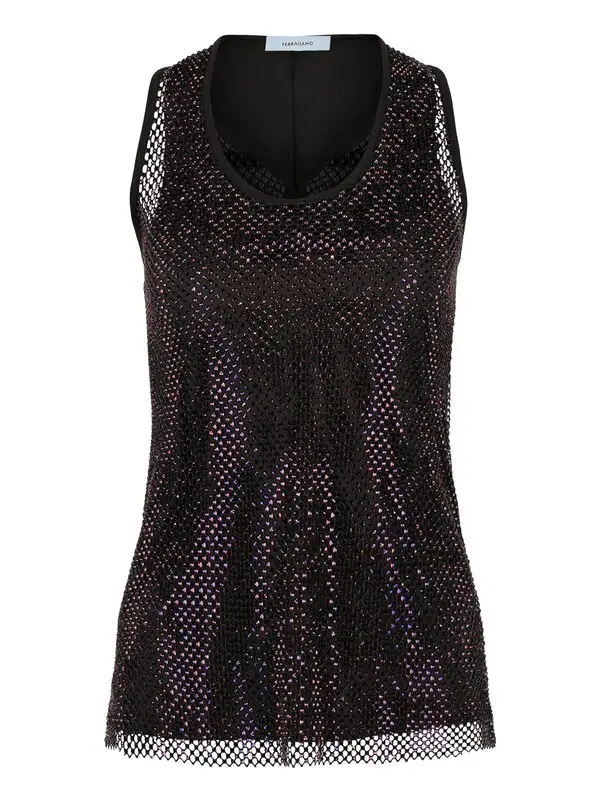 FERRAGAMO Crystal Embellished Mesh Tank Top - Brown