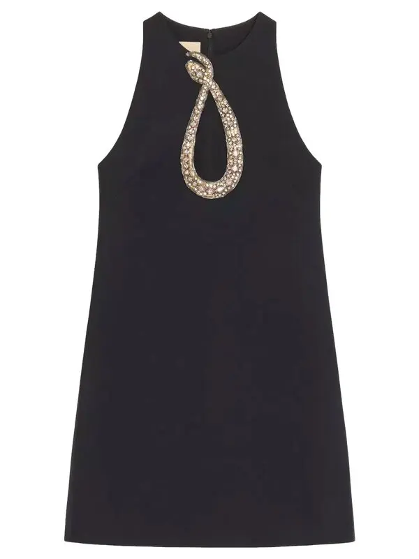 Valentino Garavani Rhinestone Snake Embroidery Crepe Couture Short Dress - Black