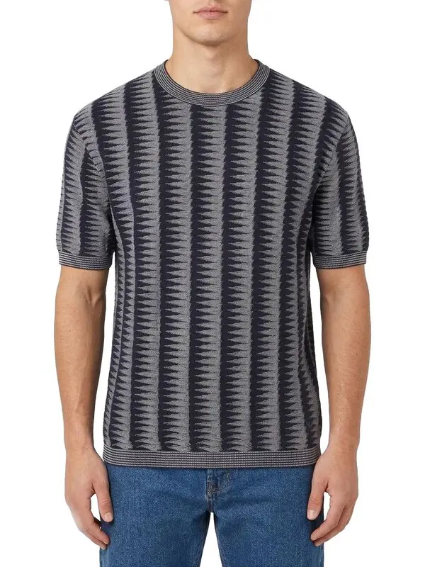 Emporio Armani Cotton Crew Neck Sweater With Abstract Pattern - Blue