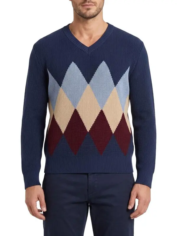 BALLANTYNE Cotton Pullover With Diamond Pattern - Blue 1
