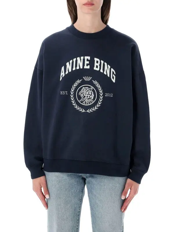 ANINE BING Oversized Cotton Sweatshirt With Logo Print - Navy