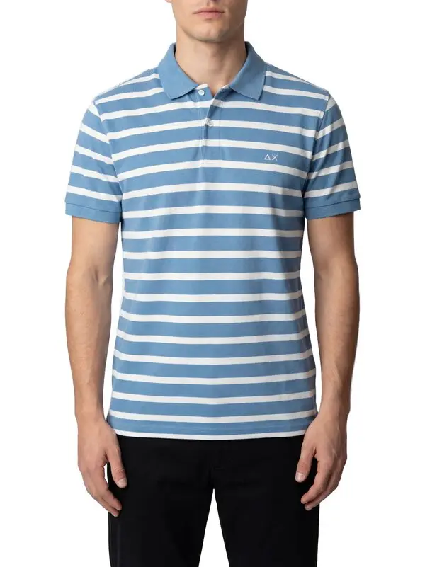 SUN 68 Striped Cotton Polo Shirt With Logo - Gnawed Blue