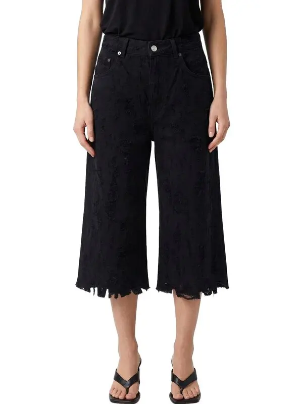 HAIKURE Cotton Denim Distressed Knee Length Shorts - Black