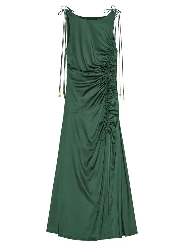 GANNI Satin Gathered Dress - Green