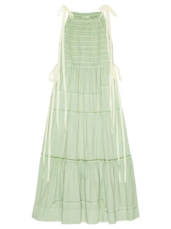 GANNI Smocked Tiered Dress - Green