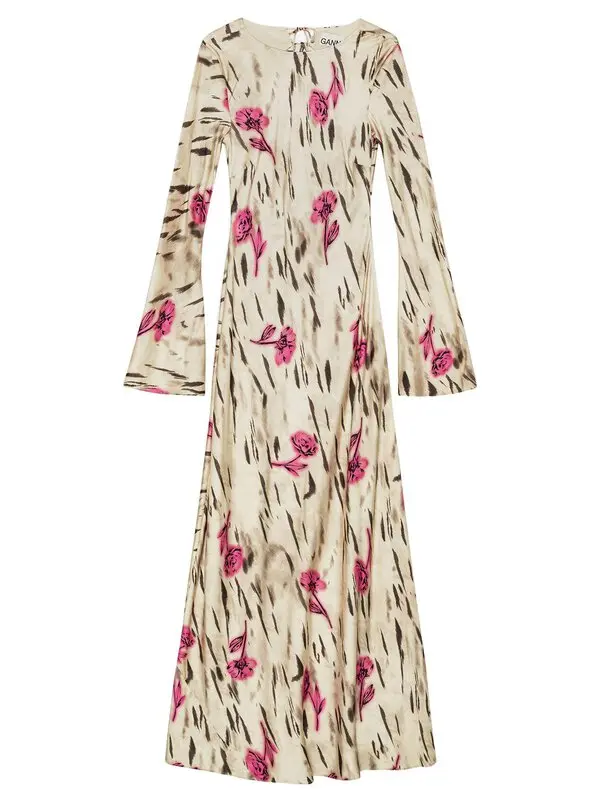 GANNI Floral Satin Maxi Dress - White