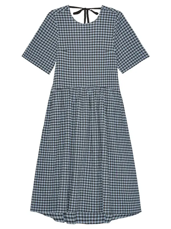 GANNI Seersucker Check Midi Dress - Blue