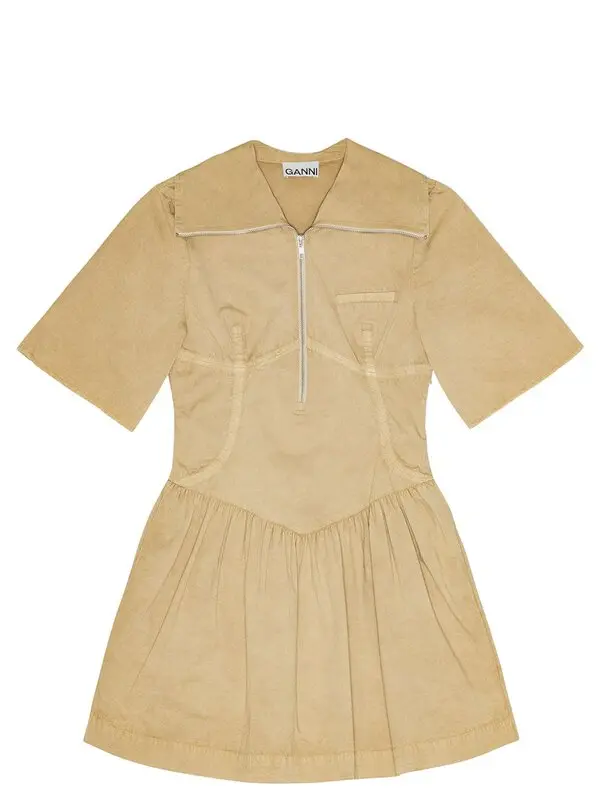 GANNI Washed Stretch Cotton Mini Dress - Beige