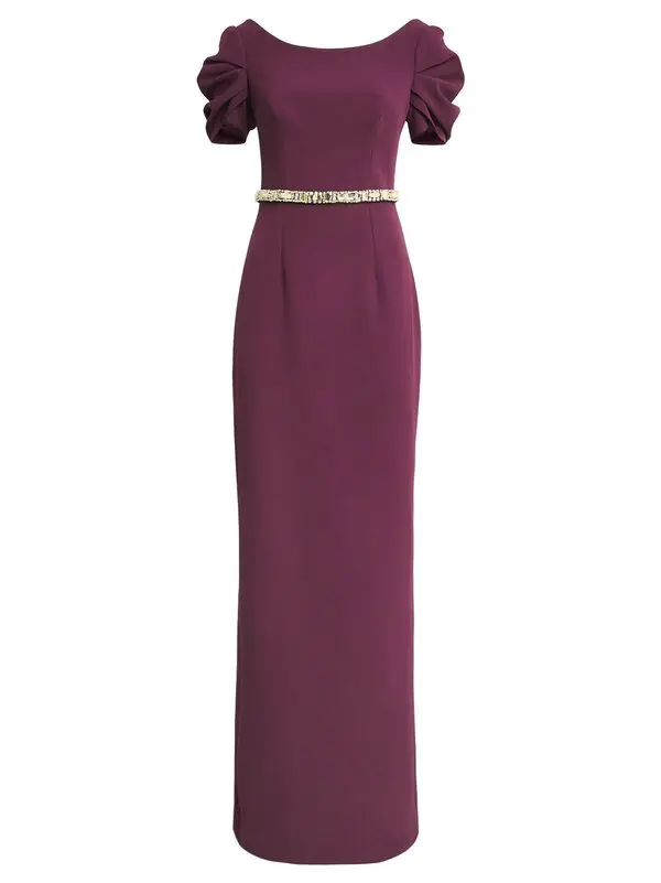 Safiyaa Ruched-sleeve Belted Gown - Burgundy
