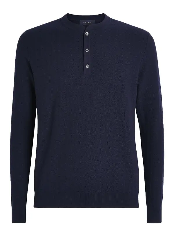 Sease Wool, Silk And Cashmere Herringbone Henley Top - Blue