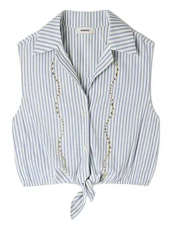 Sandro Cropped Rhinestone-embellished Cotton-blend Shirt - Blue