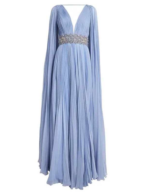 Jenny Packham Silk Cape Effect Embroidered Gown - Blue