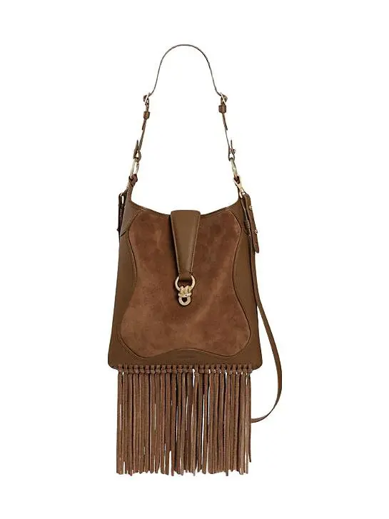 Sandro Leather And Suede Shoulder Bag - Camel