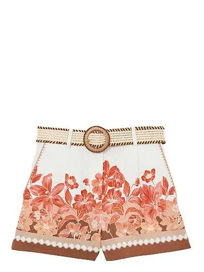 REISS Floral-print Belted Linen Shorts - Pink Print
