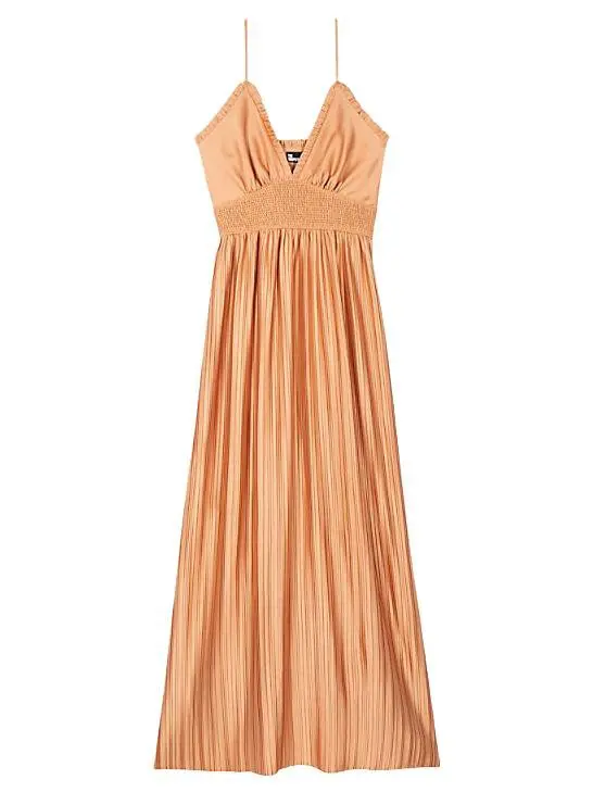 The Kooples V-neck Shirred-waist Woven Maxi Dress - Camel
