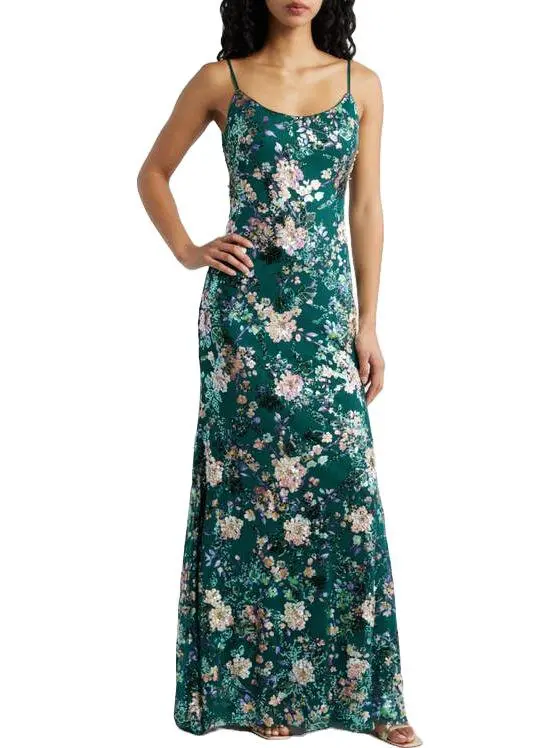 EMERALD SUNDAE Floral Sequin Gown - Green/multi