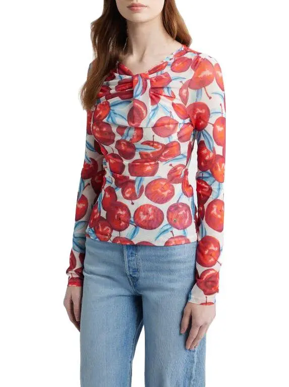 Farm Rio Printed Tulle Long Sleeve Top - Red Multi