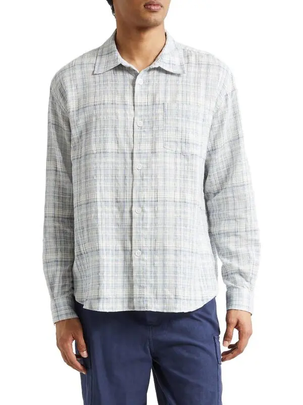 PALMES Plaid Wrinkle Cotton & Linen Blend Button-up Shirt - Sky Blue