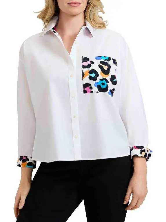 Foxcroft Cotton-blend Button-up Shirt With Leopard Trim - White/leopard Multi