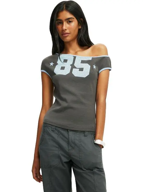 COTTON ON Off Shoulder Graphic Tee - 85  Slate