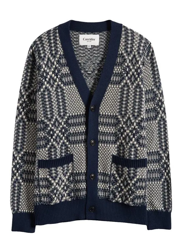 CORRIDOR Overshot Geometric Intarsia Cardigan - Mountain Blue